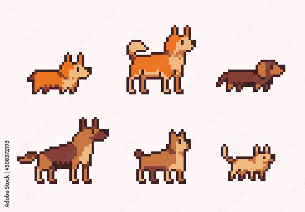 Pure breed dogs pixel art set. Different types of canine collection. 8 ...