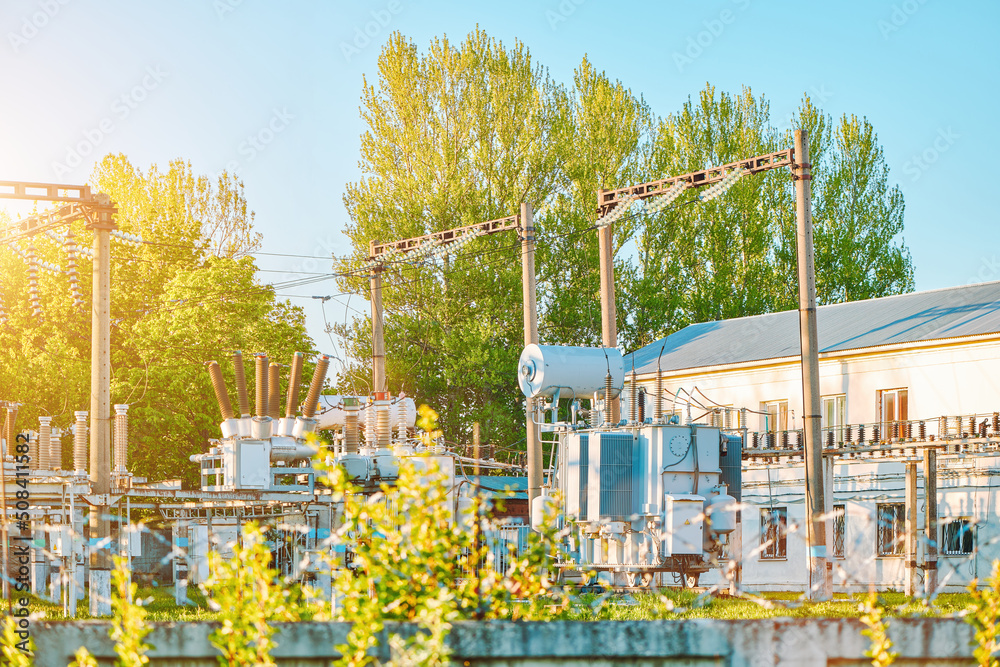 High-voltage power electrical substation. Parts of an electricity ...
