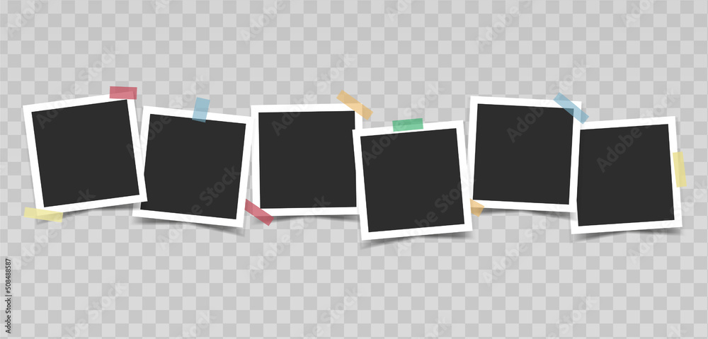 Black photo frames with color adhesive tape on transparent background ...