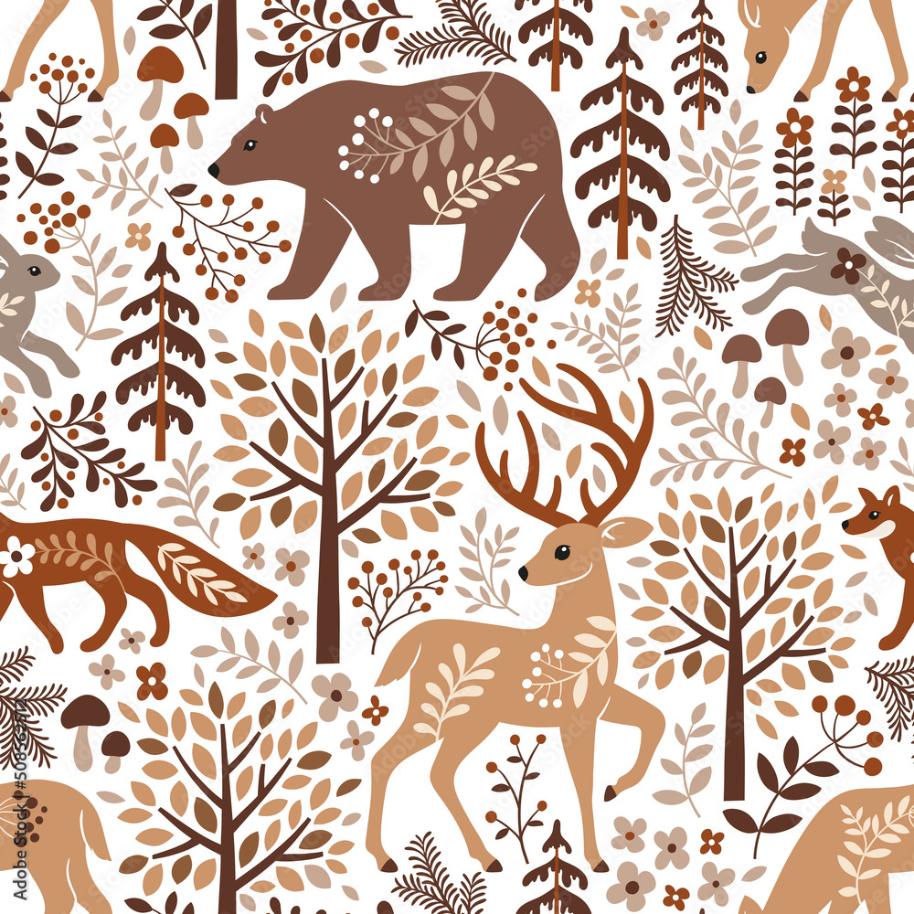 Seamless vector pattern with cute woodland animals, trees and leaves ...