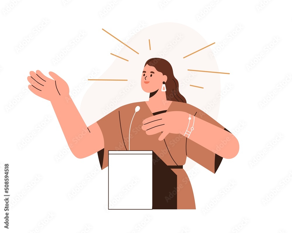 Confident woman speaker speaking behind podium. Public speech ...