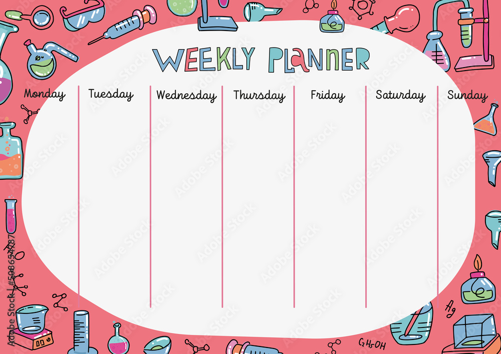 School timetable template with science theme illustration and lettering ...