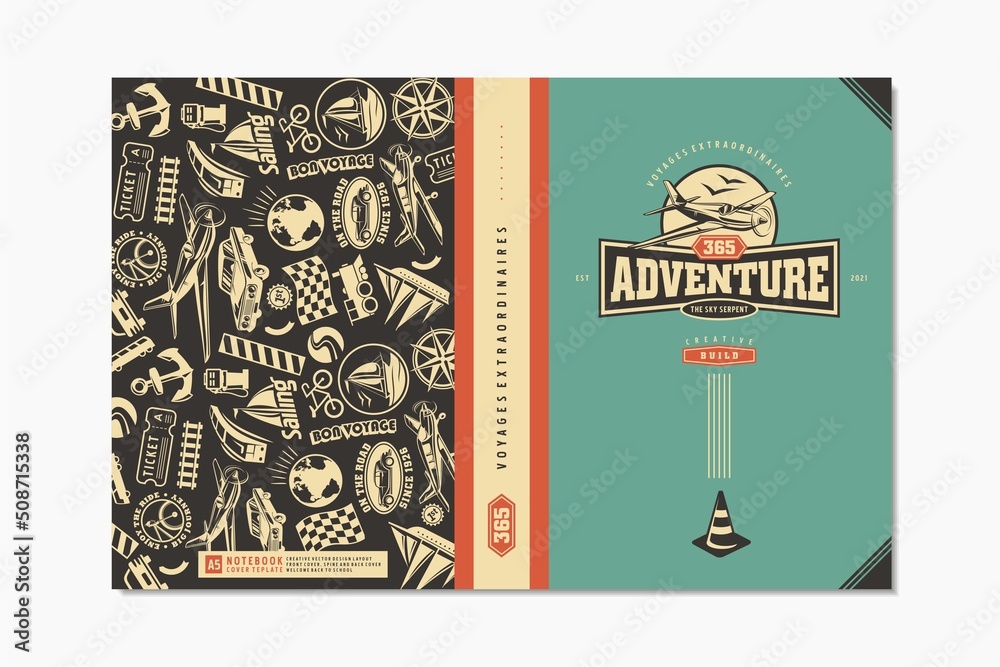 School notebook cover design template with various transportation ...