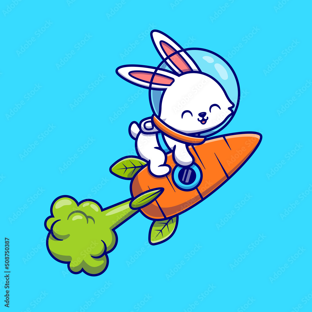 Cute Rabbit Astronaut Flying With Carrot Rocket Cartoon Vector Icon ...