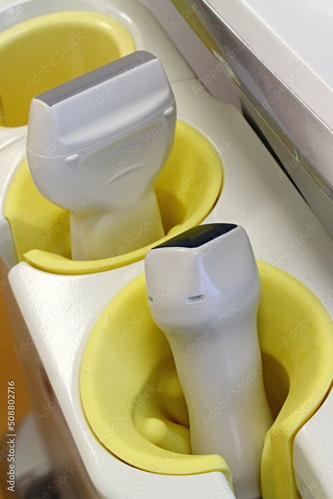 Foto de Stock Detail of modern linear and phased array probes placed in ...