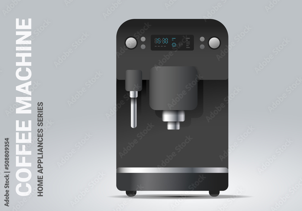 Vector realistic illustration of black color coffee machine on light ...