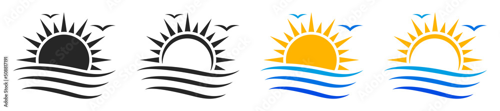 Set of sun and sea logotypes. Sunset icon, island and sea beach. Sun ...