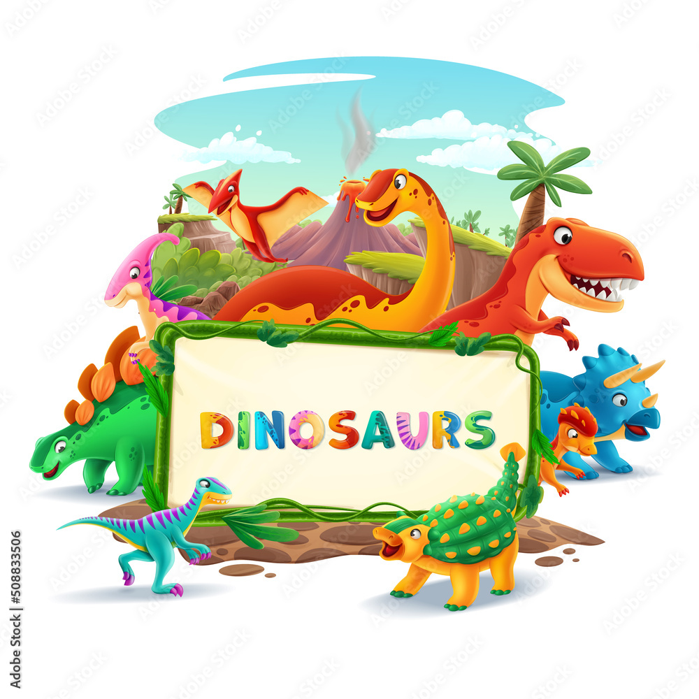 jurassic banner with dinosaurs cartoon Stock Vector | Adobe Stock