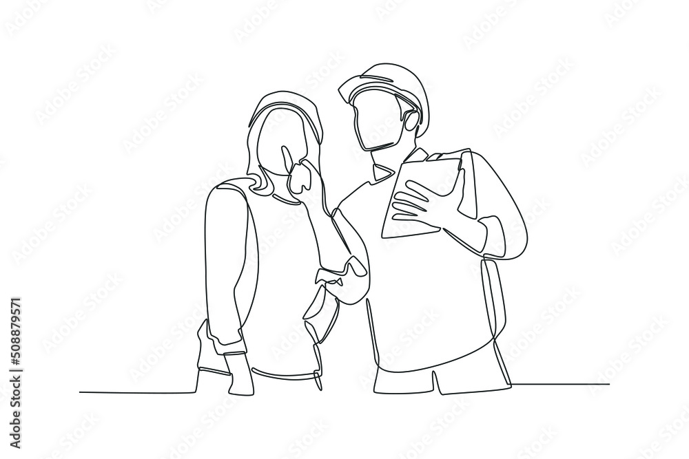 Single one line drawing two people architect engineer worker checking ...