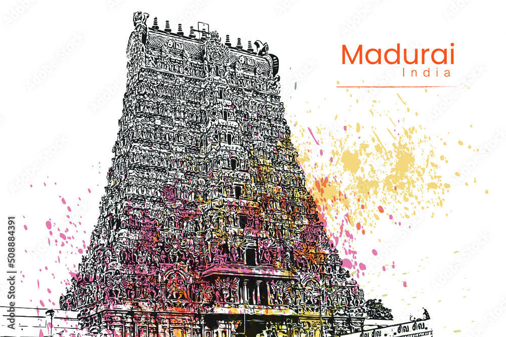 Madurai Meenakshi amman kovil temple vector illustration hand drawing ...