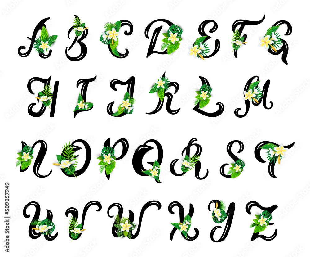 Hand drawn capital letters with tropical leaves and plumeria flowers ...