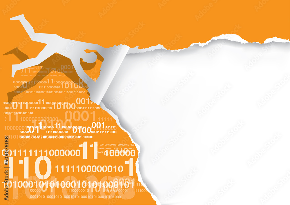 Flying man tearing paper, with binary codes Paper silhouette of man ...