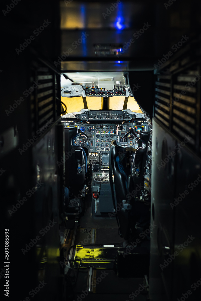 Cockpit of a jumbo jet. detailed view on jet cockpit. Cockpit of a 747 ...