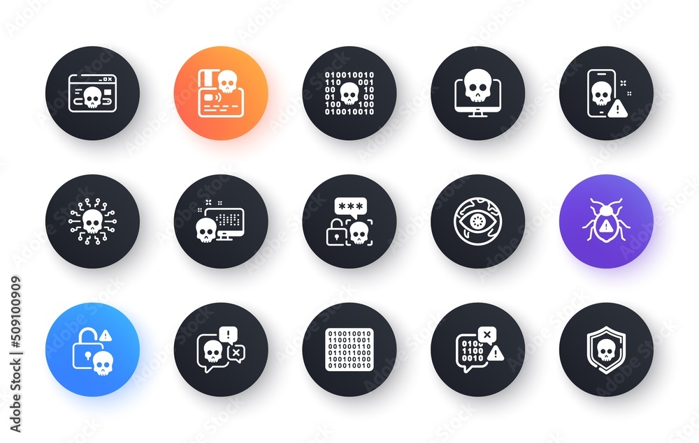 Cyber attack icons. Phishing risk, Data ransomware, Binary code. Hacker attack, Virus secure ...