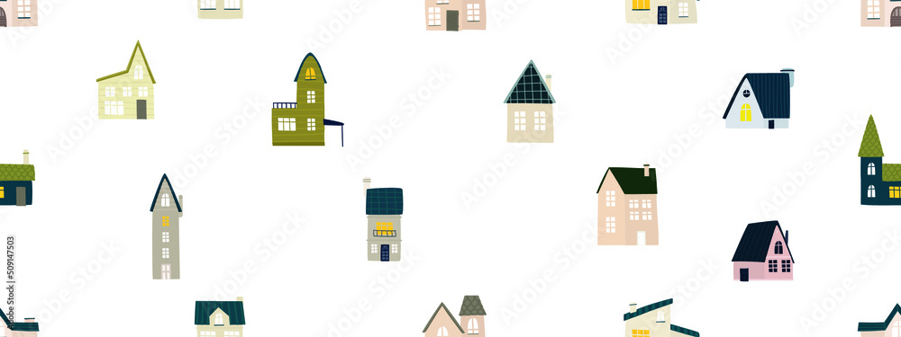 Cartoon childish city . Vector childish seamless pattern with town symbols, houses, buildings ...