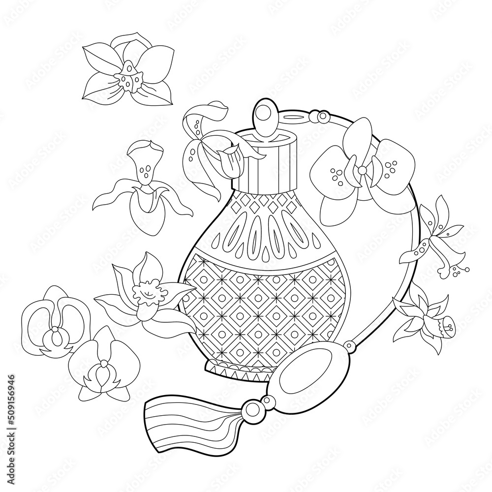 Beautiful bottle of perfume with flowers. Monochrome object, coloring ...