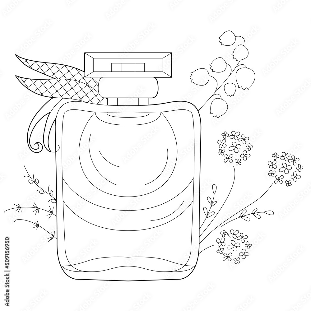 Beautiful bottle of perfume with flowers. Monochrome object, coloring ...