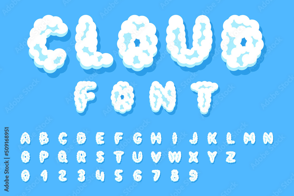 Cloud font, alphabet. Letters and numbers. ABCs of white clouds in blue ...