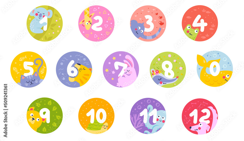 Number cards with animals for kids learning and education. Colorful ...
