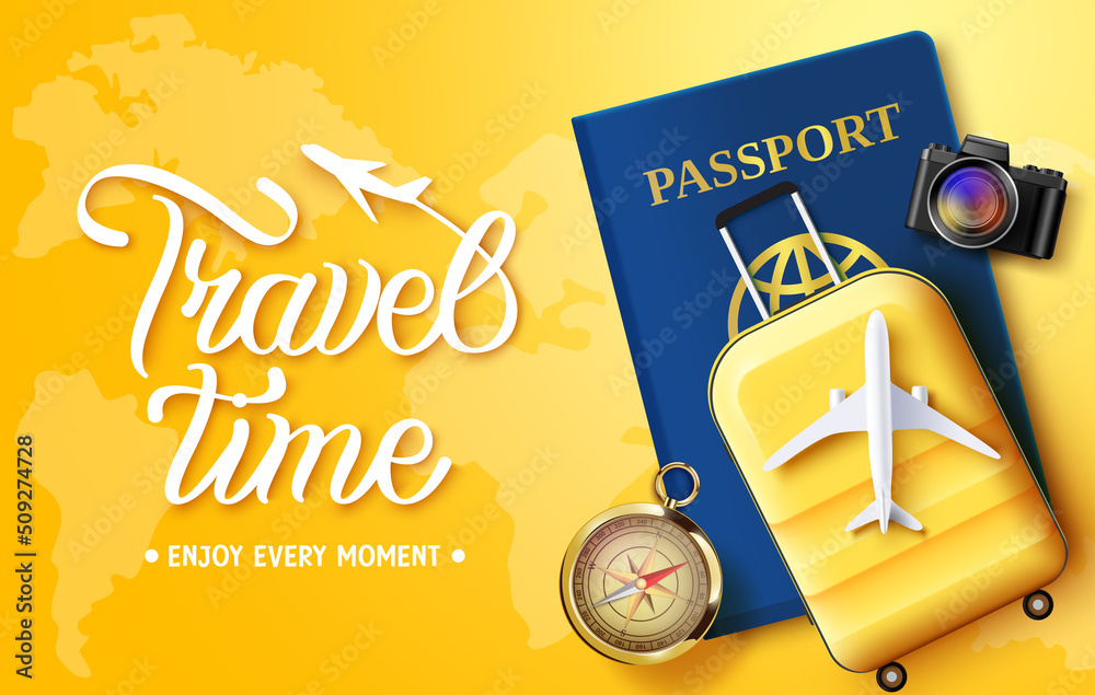 Travel time vector background design. Travel time text with 3d passport ...