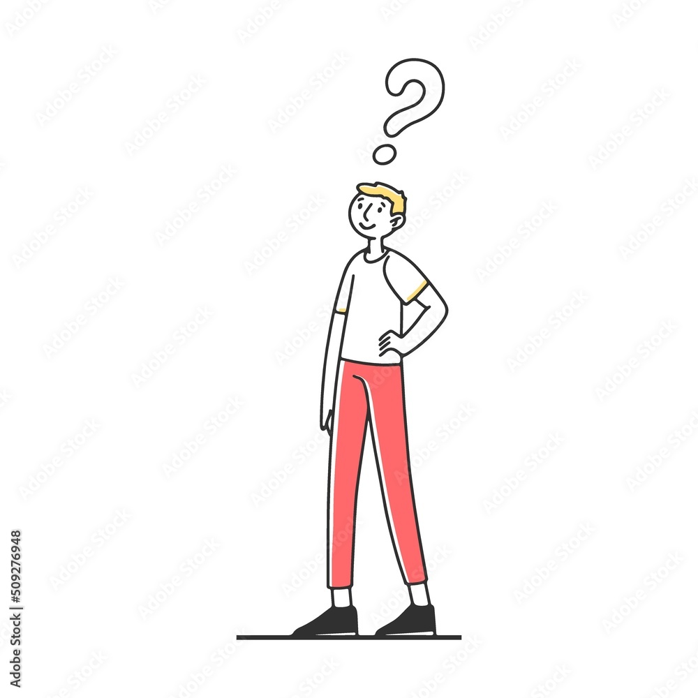 Guy with question mark over head thinking over problem solution ...