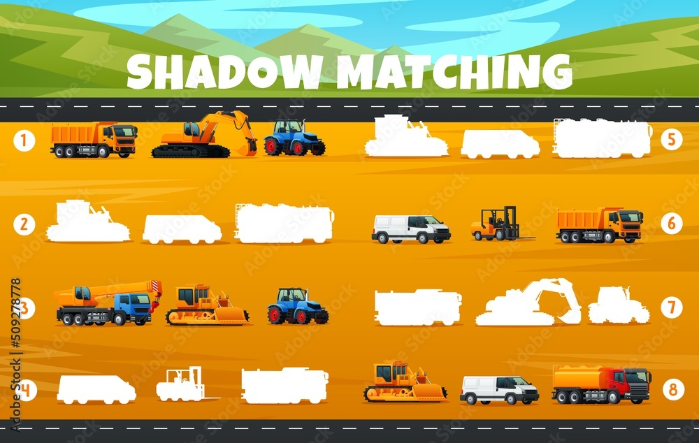 Shadow matching game worksheet. Industrial machinery transport truck ...