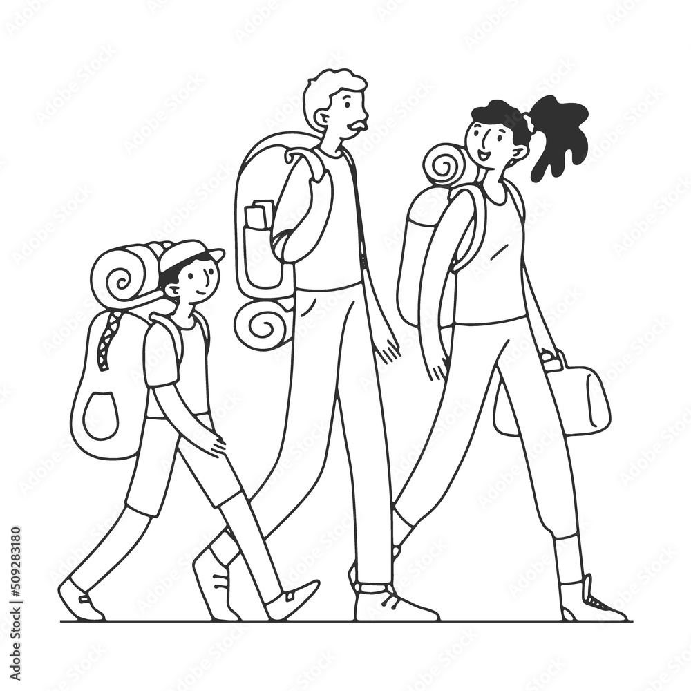 Linear hand drawing. Tourists travelling in group flat vector ...