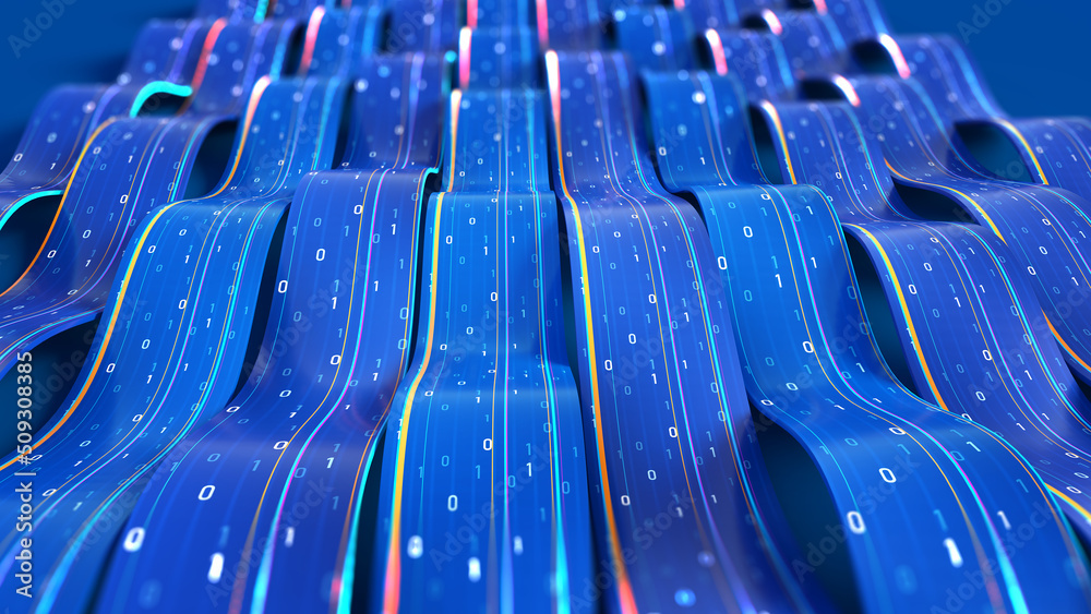 Data of crypto waves. 3D illustration of wavy lines in the information ...