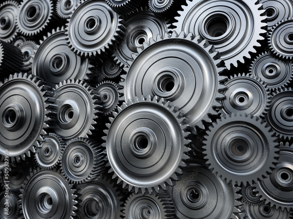 Background formed with group of 3D steel wheels in motion. 3D ...