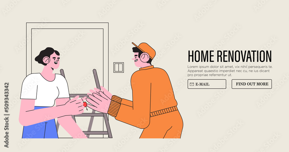 Home repair. Cartoon service workers renovation order. Woman give keys ...