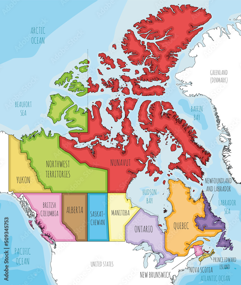 Vector illustrated map of Canada with provinces and territories and ...