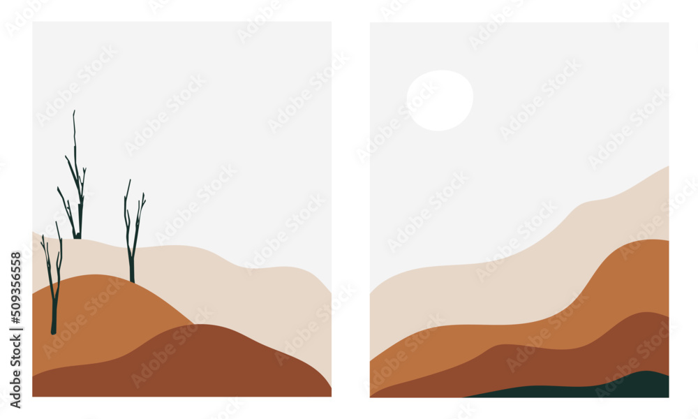 Neutral landscape with desert dunes, mountains and trees. Wall decor ...