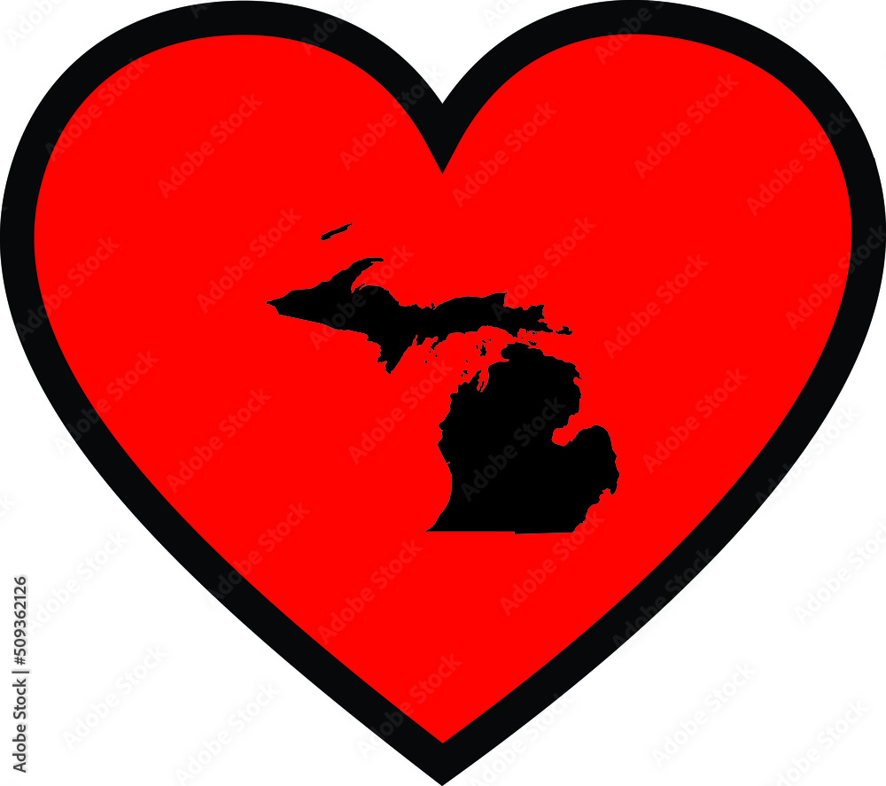 Black Map of US federal state of Michigan inside red heart shape with ...