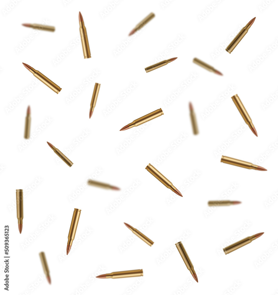 Many bullets falling on white background. Firearm ammunition Stock ...