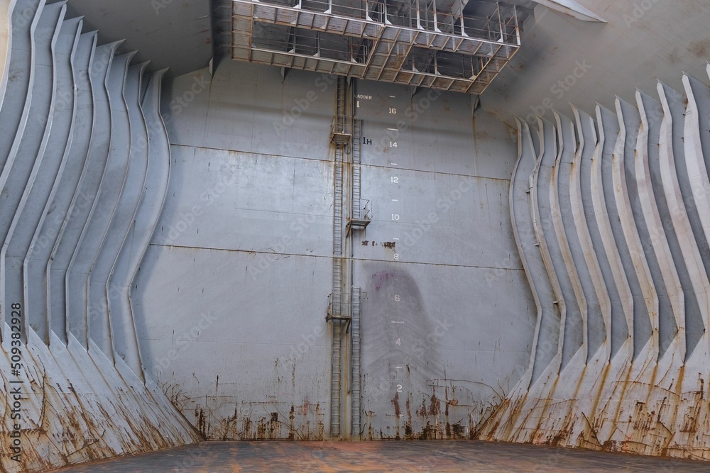 Forward bulkhead of first cargo hold of bulk carrier Stock Photo ...