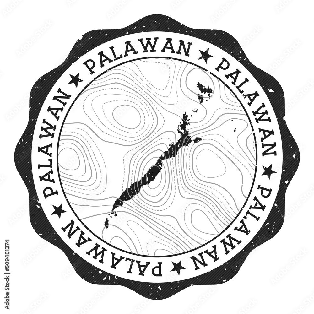 Palawan outdoor stamp. Round sticker with a map of the island featuring ...