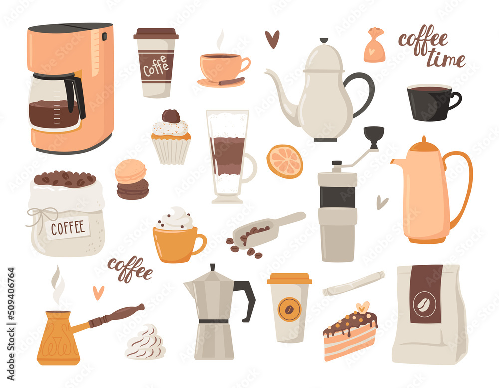 Set of coffee elements. Coffee equipment, coffee machine, coffee ...