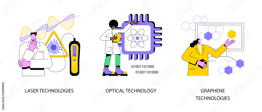 Modern science abstract concept vector illustration set. Laser and optical technology, graphene ...
