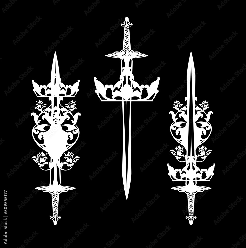 medieval knight sword inside king crown and heraldic rose flowers black ...