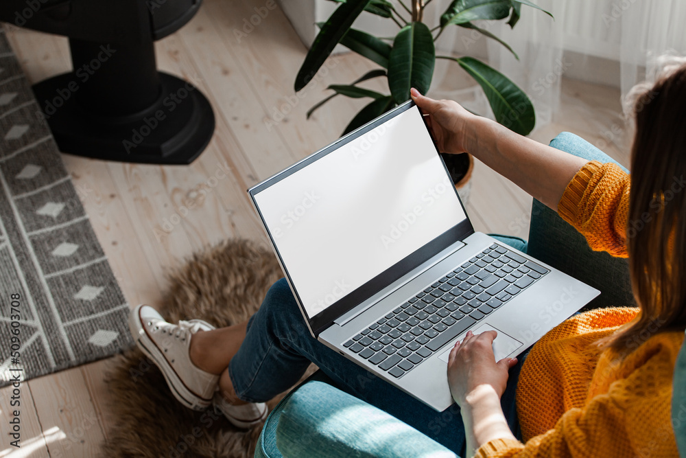Young woman using laptop to work home, remote work Stock Photo | Adobe ...