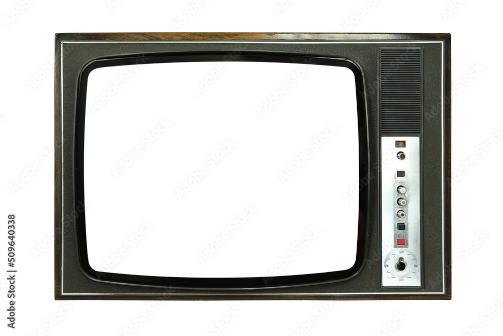 Old 1970s TV with white screen isolated on white background. Vintage ...