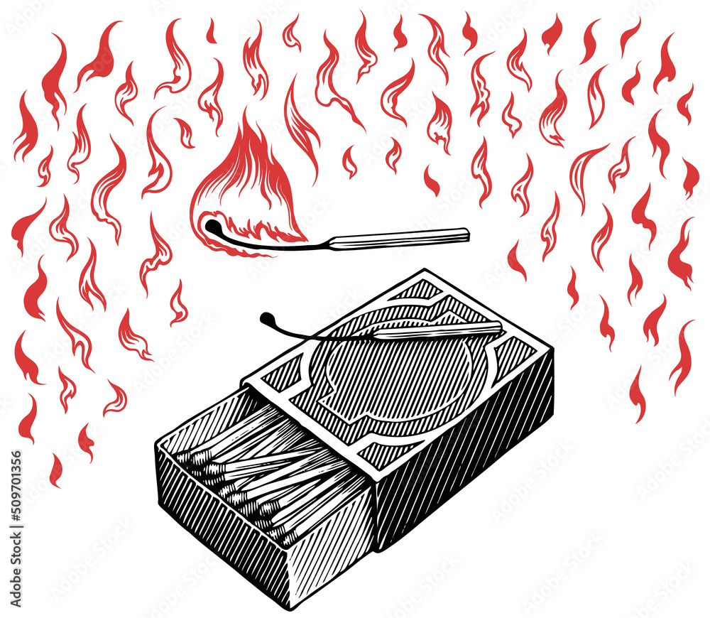 Matches and flame. Design set. Editable hand drawn illustration. Vector ...