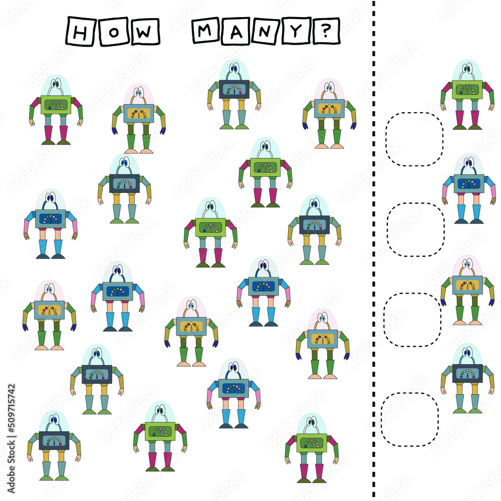 Vetor How many counting game with funny robots. Preschool worksheet ...