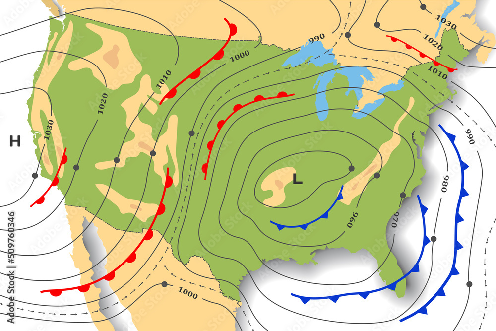 Forecast weather map of America. Topography map with geography ...