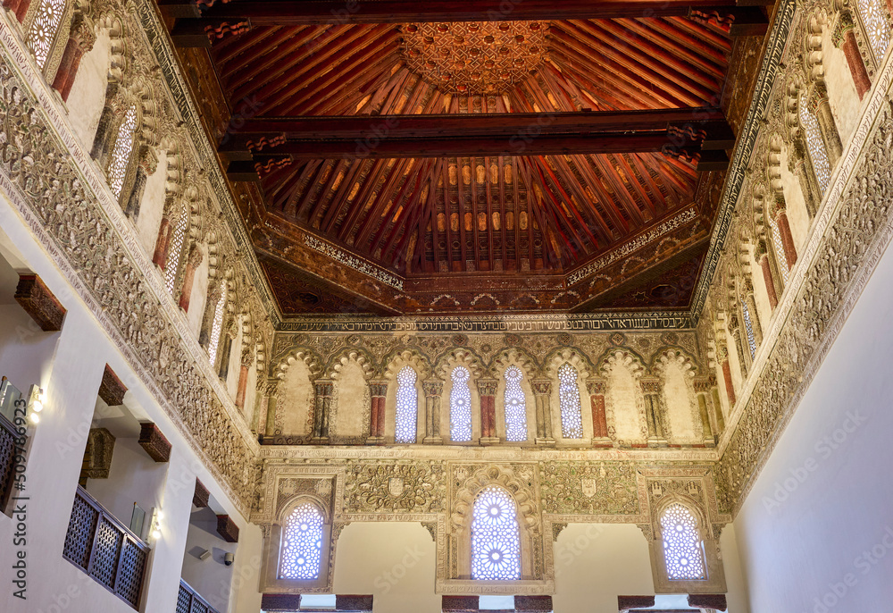 Toledo, Spain - June 31, 2022. Ceiling over the western wall of the El ...