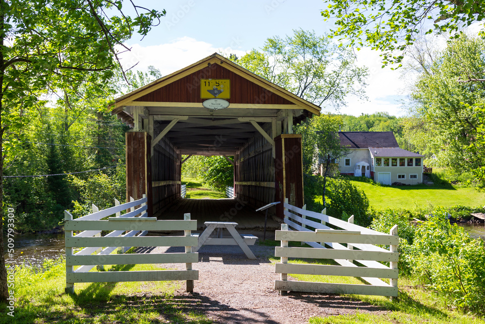 Frontal view of the 1881 Narrow Covered Bridge over the narrowest part ...