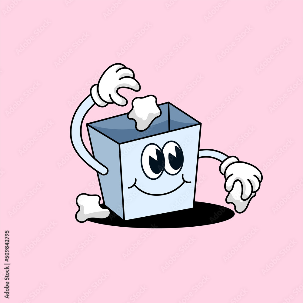 Smile trash can mascot picking up paper wad trash old school retro ...
