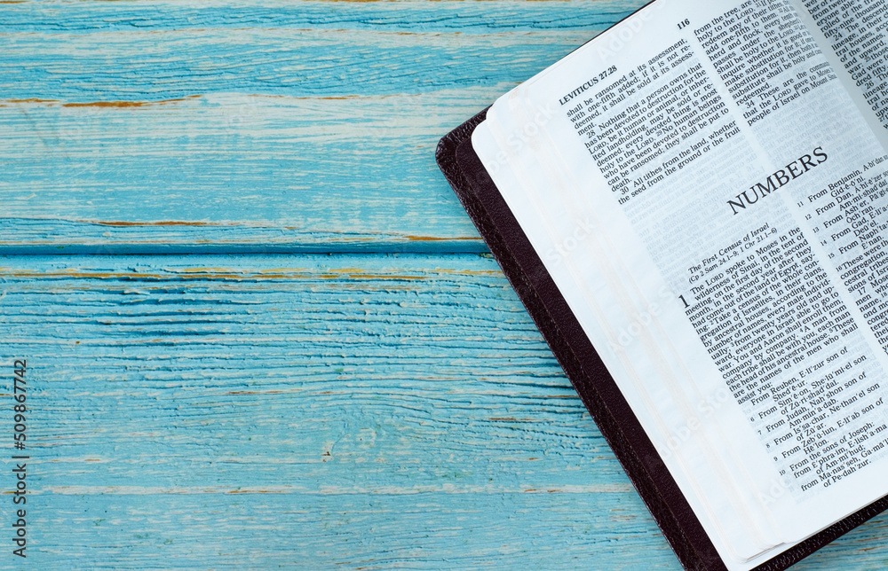 Numbers open Holy Bible Book on a rustic wooden background with copy ...