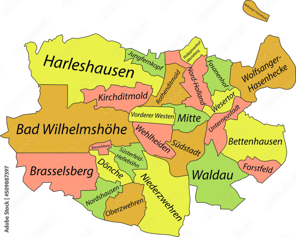 Pastel flat vector administrative map of KASSEL, GERMANY with name tags ... Pastel flat vector administrative map of KASSEL, GERMANY with name tags ...