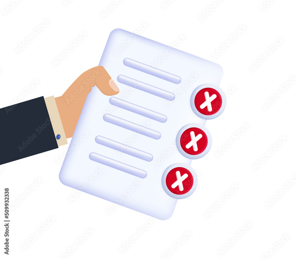 Sign bad, error or mistake. Business document with reject. Poor test ...